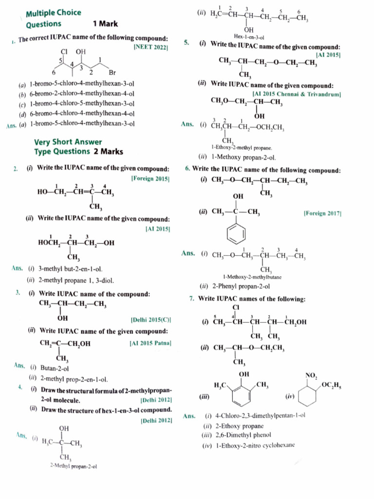 Alcohol Phenols Ethers Solved Worksheet | PDF | Methyl Group | Ether