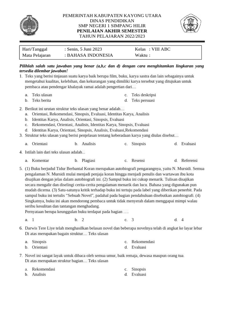 Soal Uas Kelas 8 Tahun 2023 | PDF