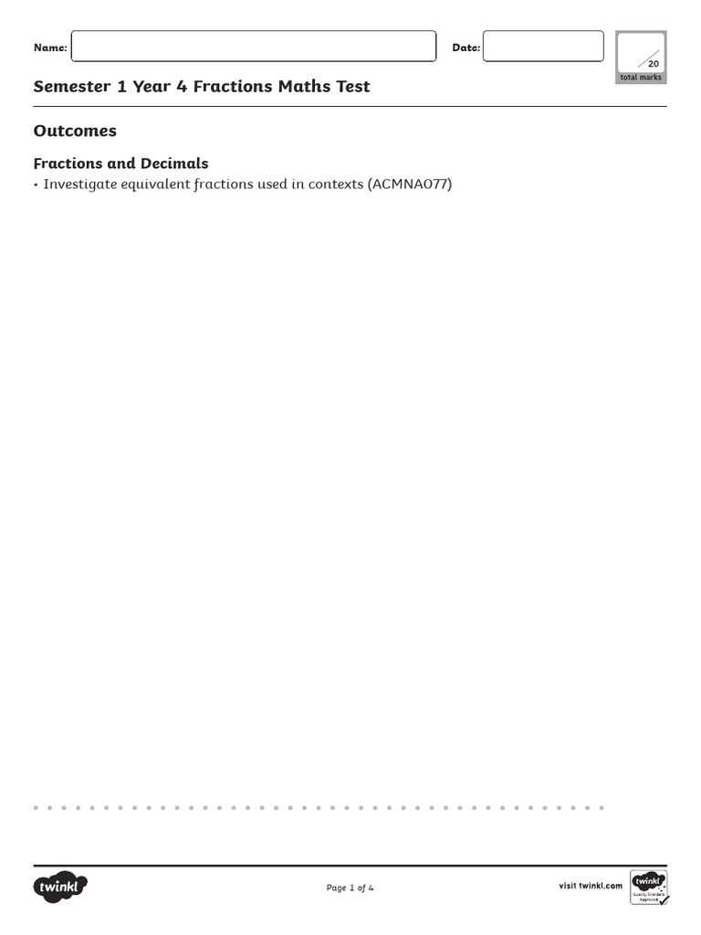 Au T N 4291 Semester 1 Year 4 Maths Fractions Test Australian - Ver - 3 ...