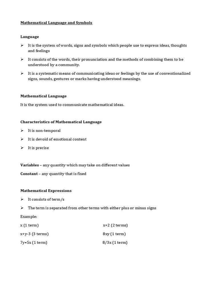 Understanding Mathematical Language and Symbols | PDF | Variable ...