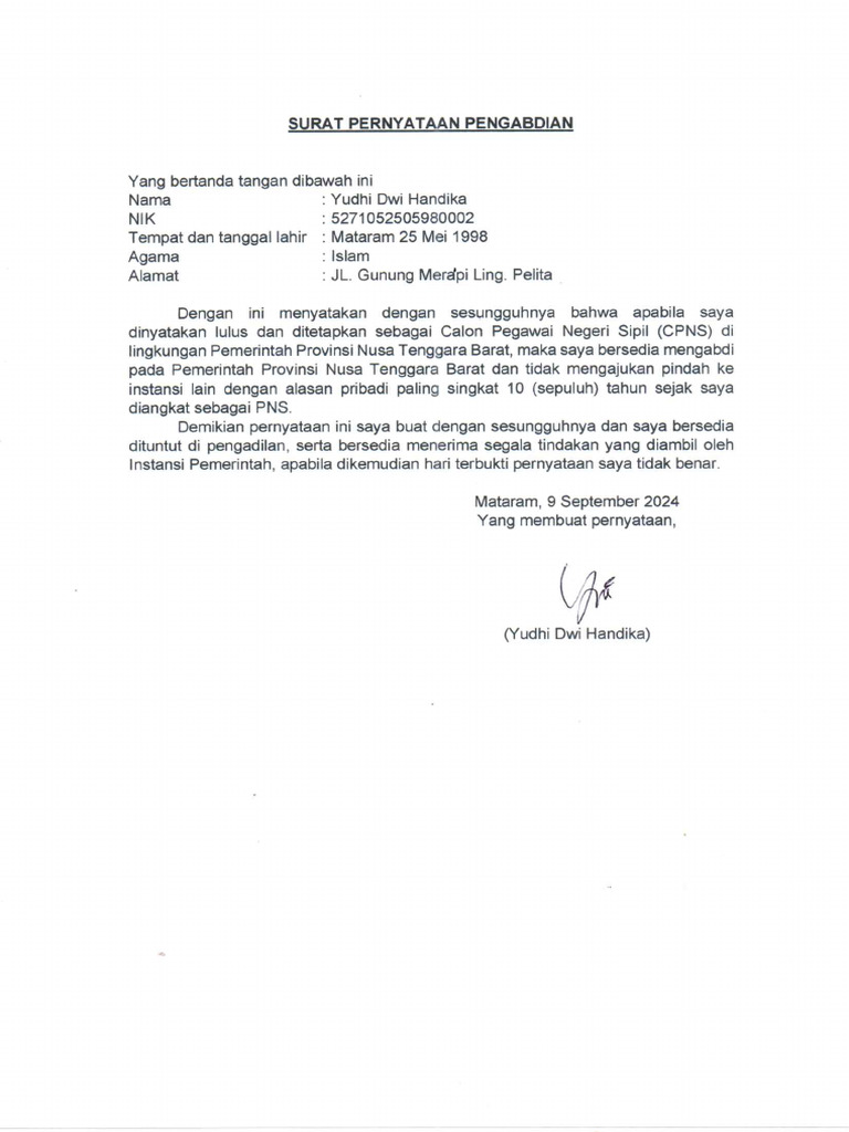 Surat Pernyataan Mengabdi 10Th | PDF
