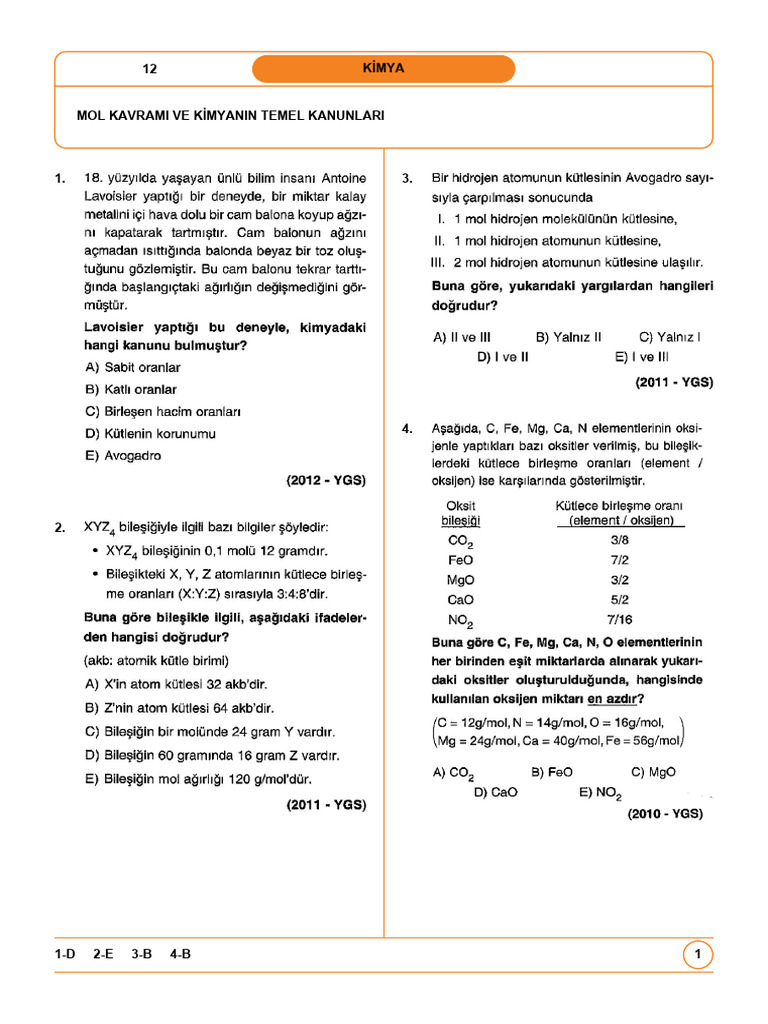 Mol Kavrami Ve Ki̇myanin Temel Yasalari | PDF