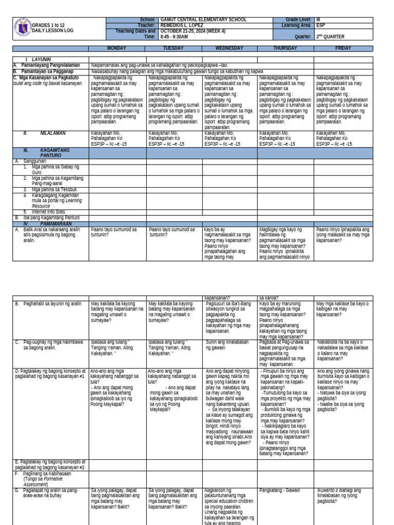 DLL - Esp 3 - Q2 - W4 | PDF
