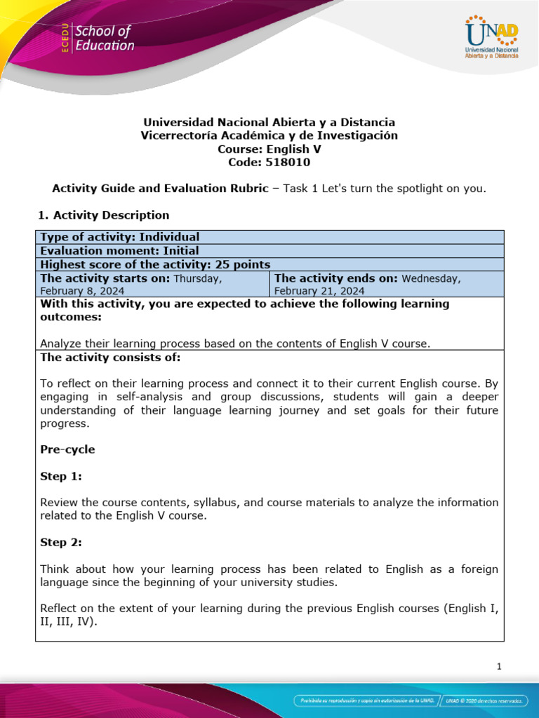 Activity Guide and Evaluation Rubric - Task 1 - Lets Turn The Spotlight ...