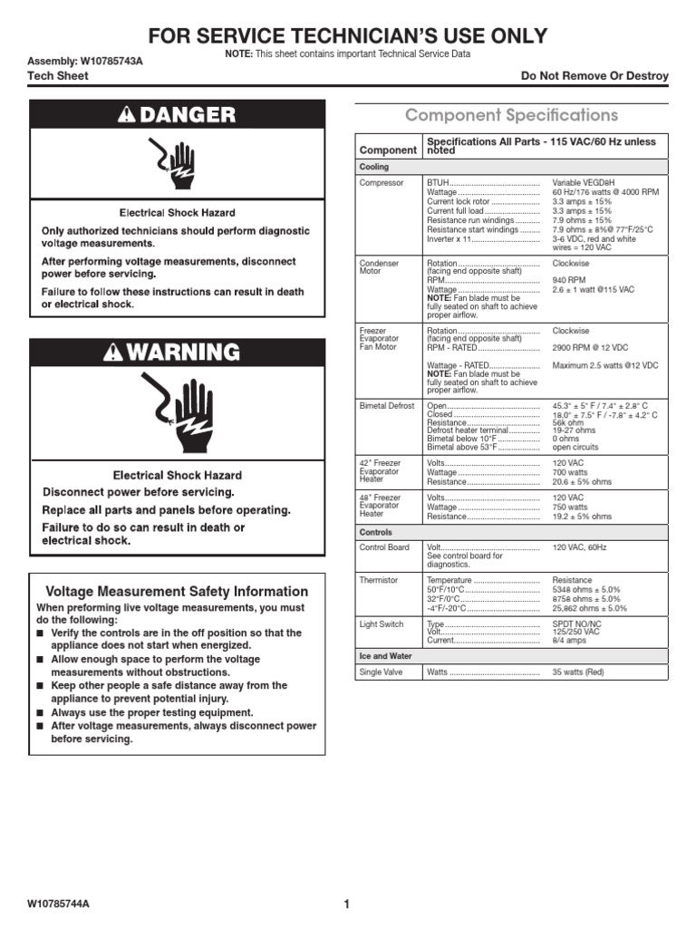 Tech Sheet W10785744 RevA | PDF | Refrigerator | Power Inverter