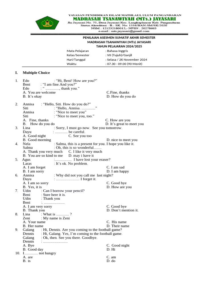 B.ing Kelas 7 K13 - 2024 | PDF