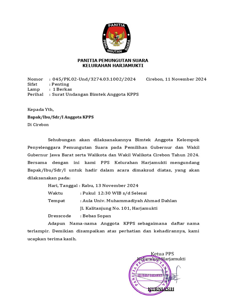 045 Surat Undangan Bimtek Tps 20 - Tps 35 Anggota Kpps-Sesi 2 | PDF