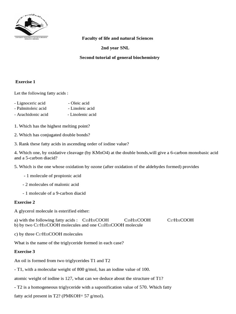 Biochemistry Exercises on Fatty Acids | PDF