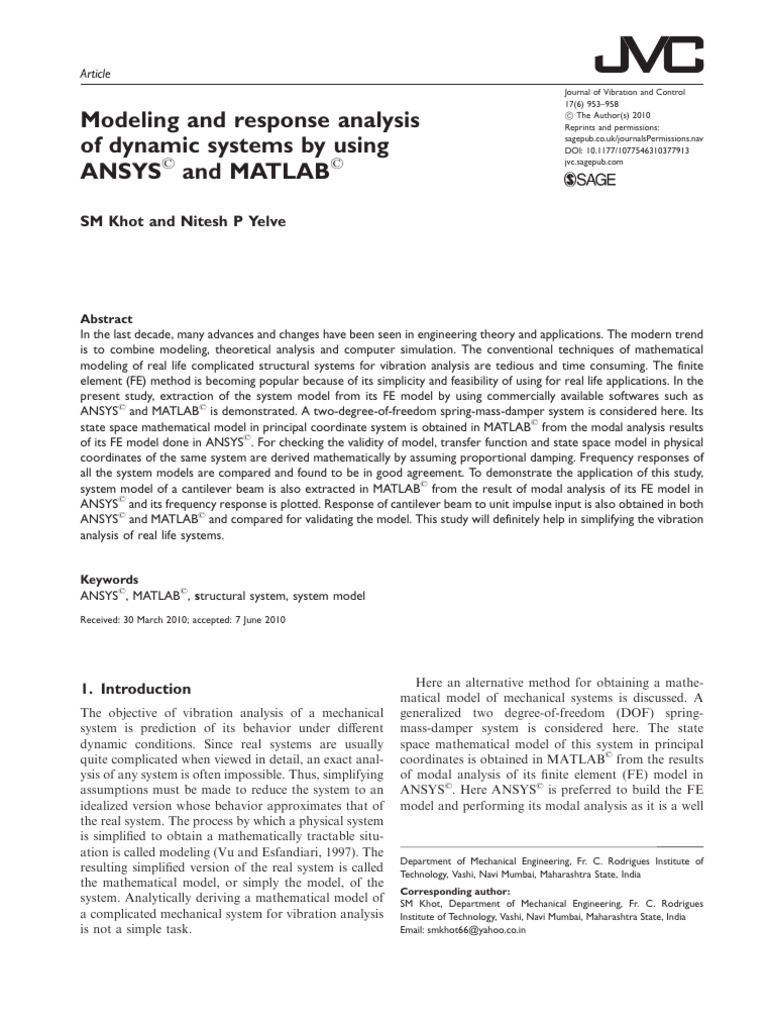 Modeling and Response Analysis of Dynamic Systems by Using ANSYS and MATLAB - Khot2010 | PDF ...
