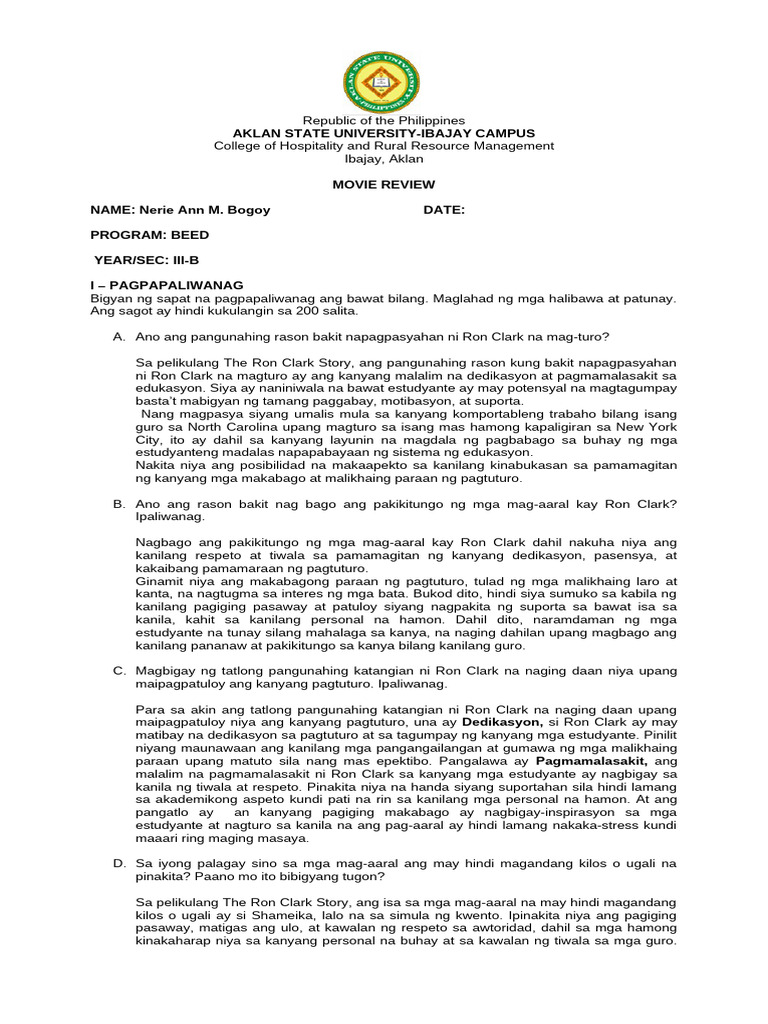 Activity Movie Review The Ron Clark Story | PDF