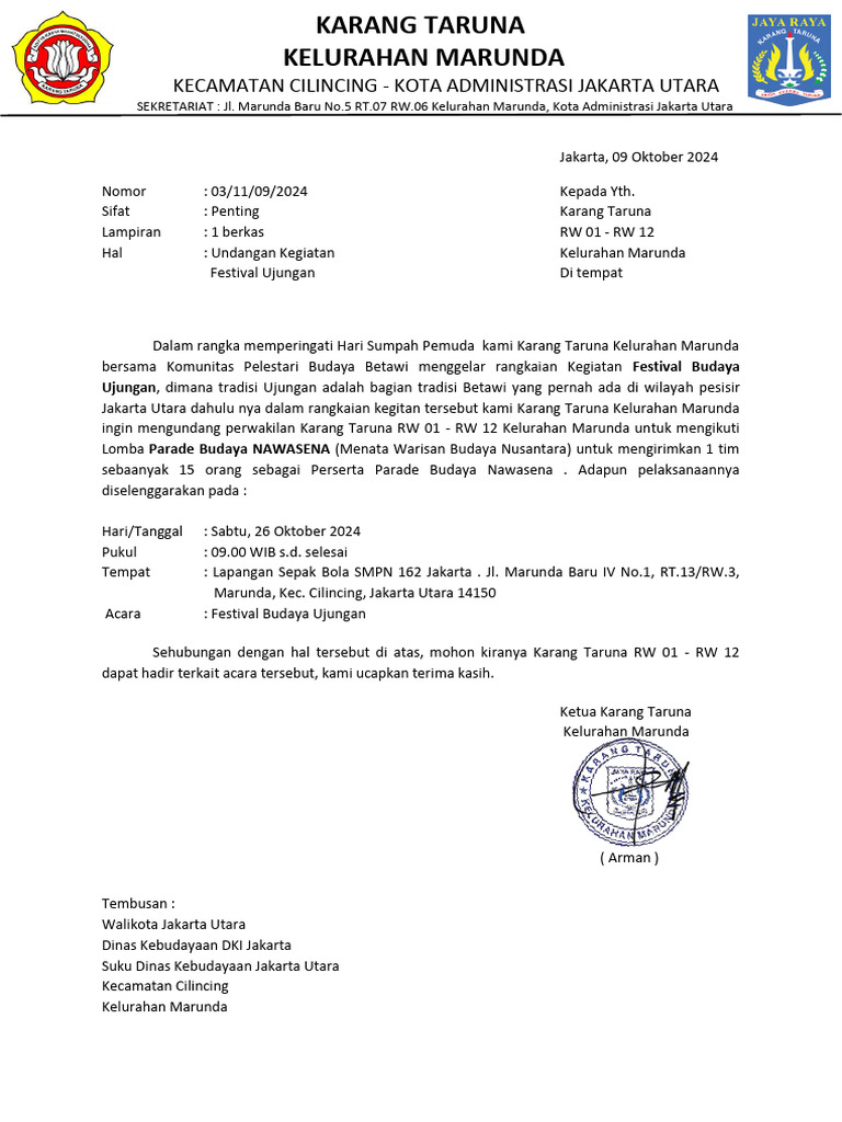 Surat Undangan Karang Taruna RW 01 - RW 12 Kelurahan Marunda | PDF
