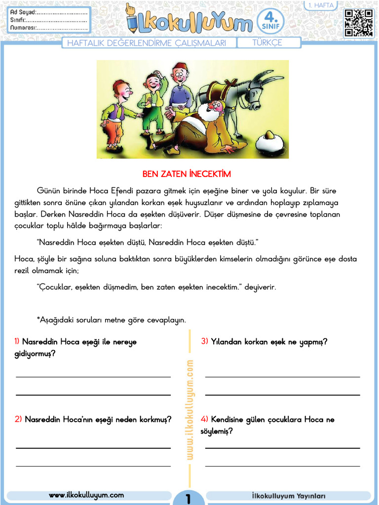 Sinif Turkce 1 2 3 4 5. Hafta Odev Ve Cevap Anahtari | PDF