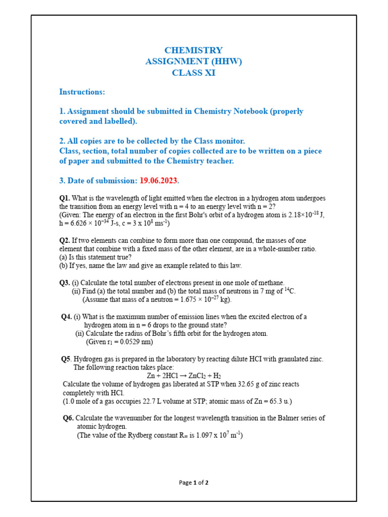 Chem - Xi - Assignment - HHW | PDF | Hydrogen | Atoms