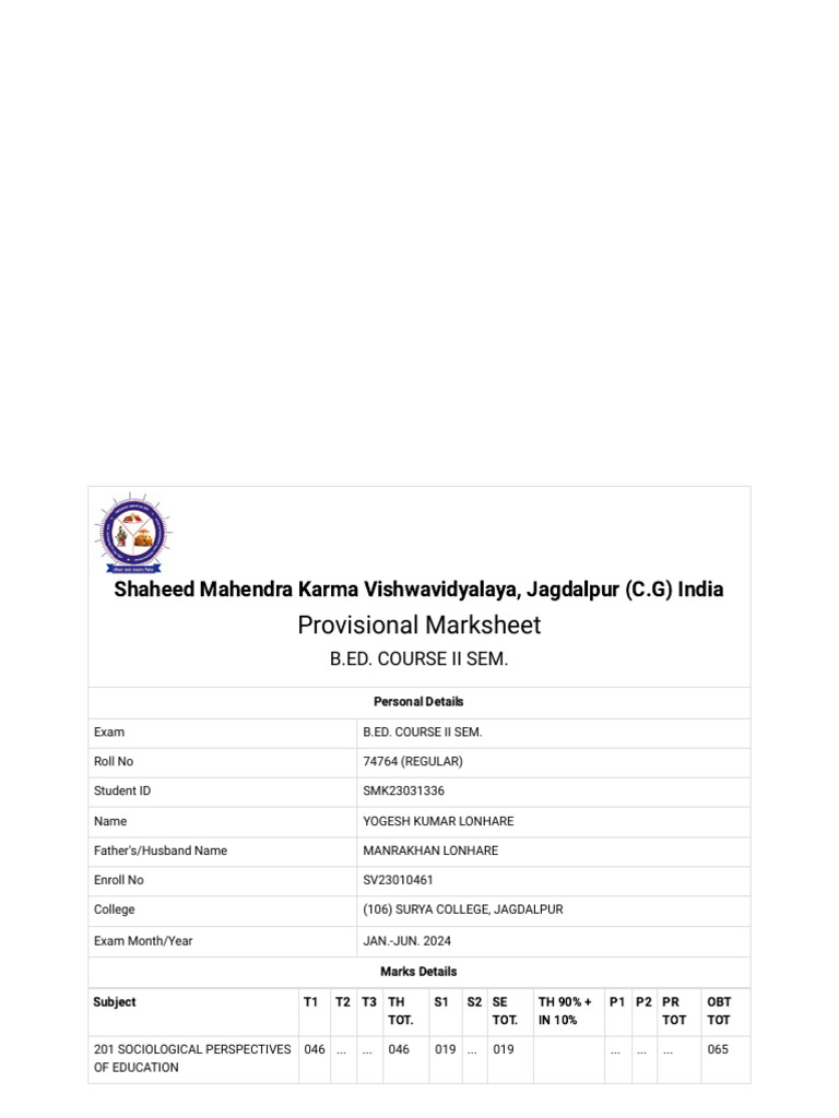 B.Ed II Semester Provisional Marksheet | PDF
