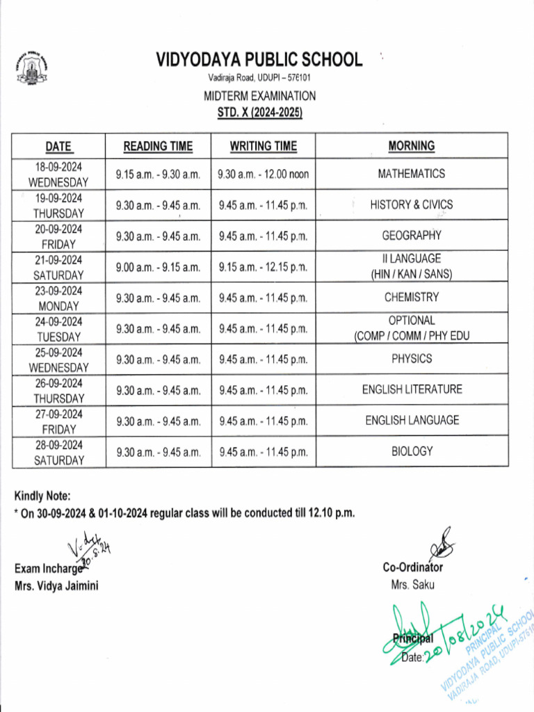 Class X Midterm Timetable | PDF