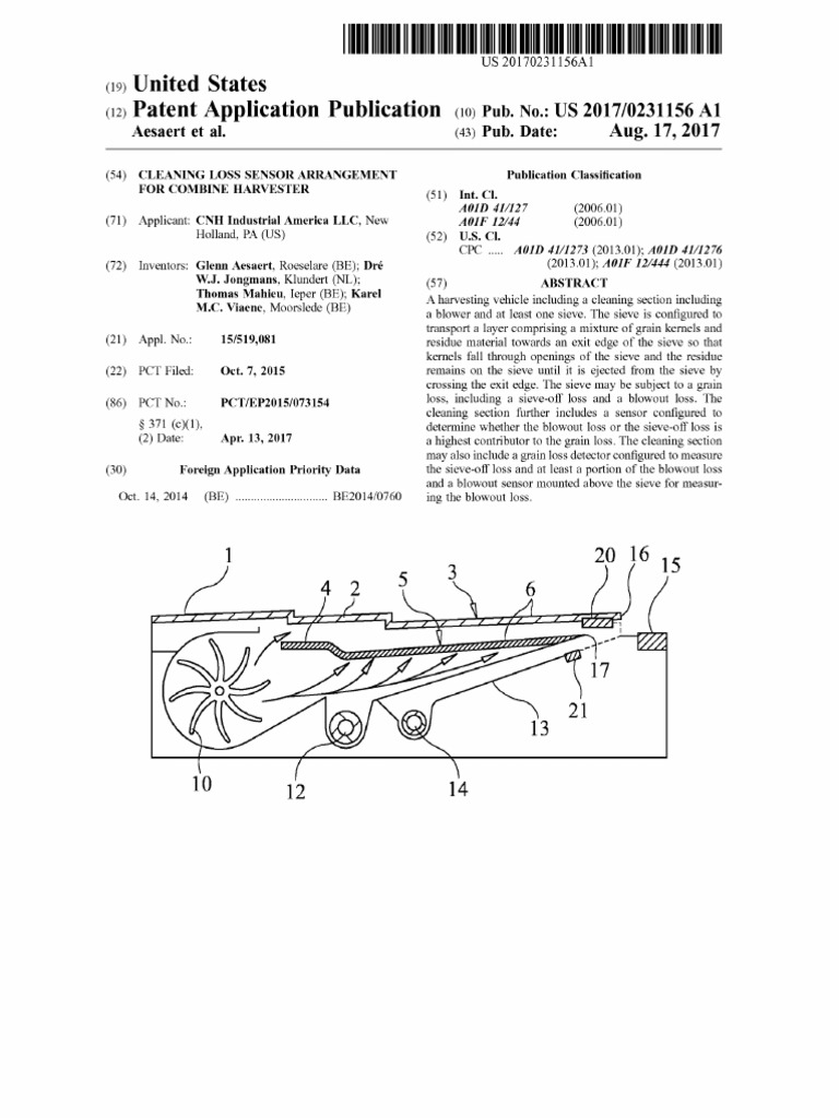 Cleaning Loss Sensor Arrangement CNH-Patent US2017 0231156A1 | PDF ...
