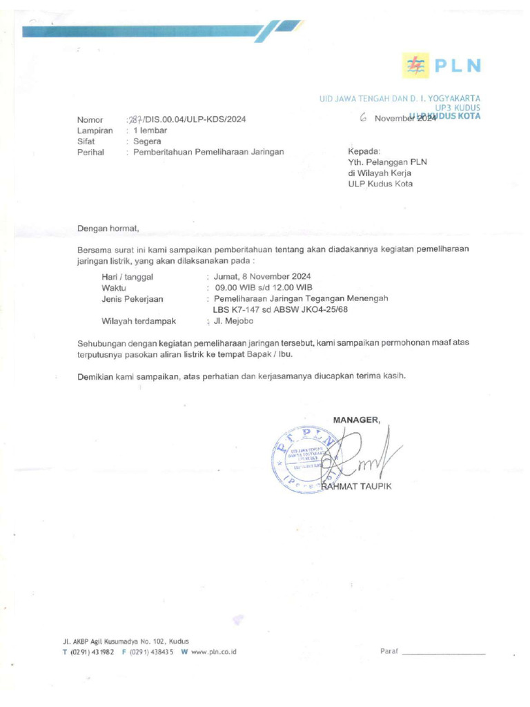 Dari PLN Kudus Hal Pemberitahuan Pemeliharaan Jaringan - Nov 2024 | PDF