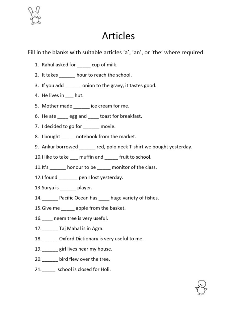 Articles Worksheet for Grade 3 | PDF