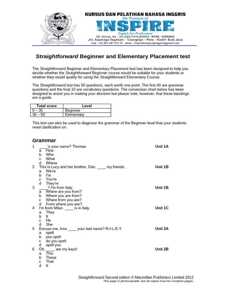 Beginner and Elementary Placement Test | PDF