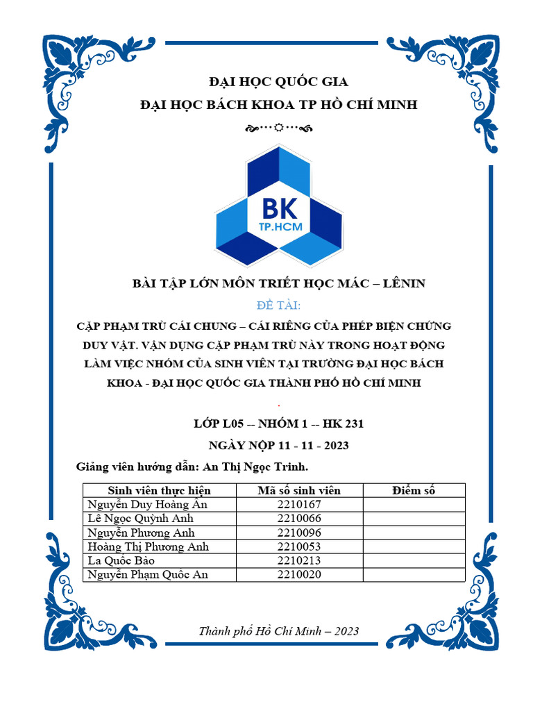 LỚP L05 - NHÓM 01 - BÀI TL MÔN TRIẾT HỌC - HK231 | PDF