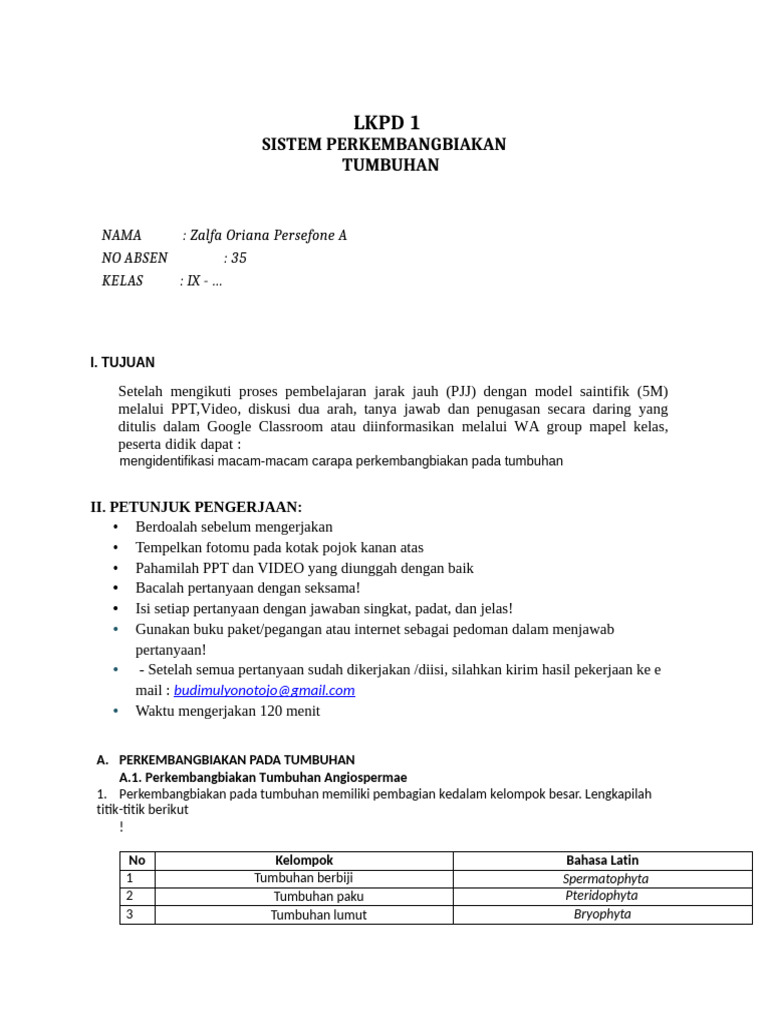 LKPD 1. Perkembangbiakan Tumbuhan | PDF