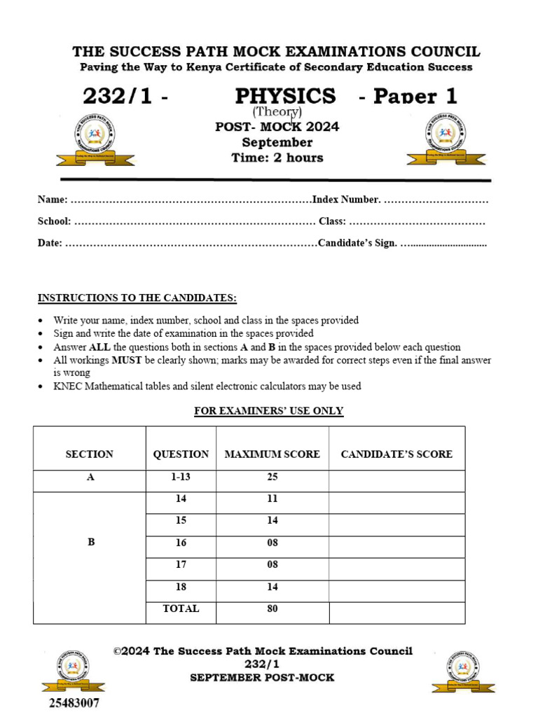 Post Mock Physics PP1 QS Set 2 | PDF | Force | Physical Sciences