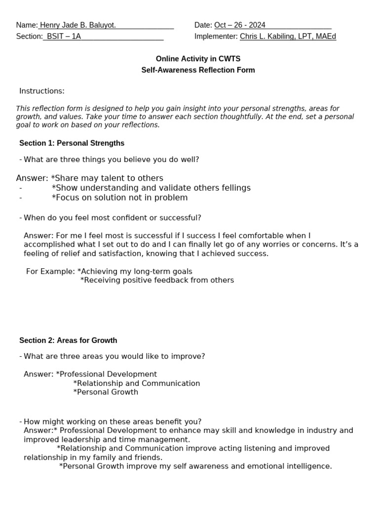 Self Awareness Reflection Form | PDF