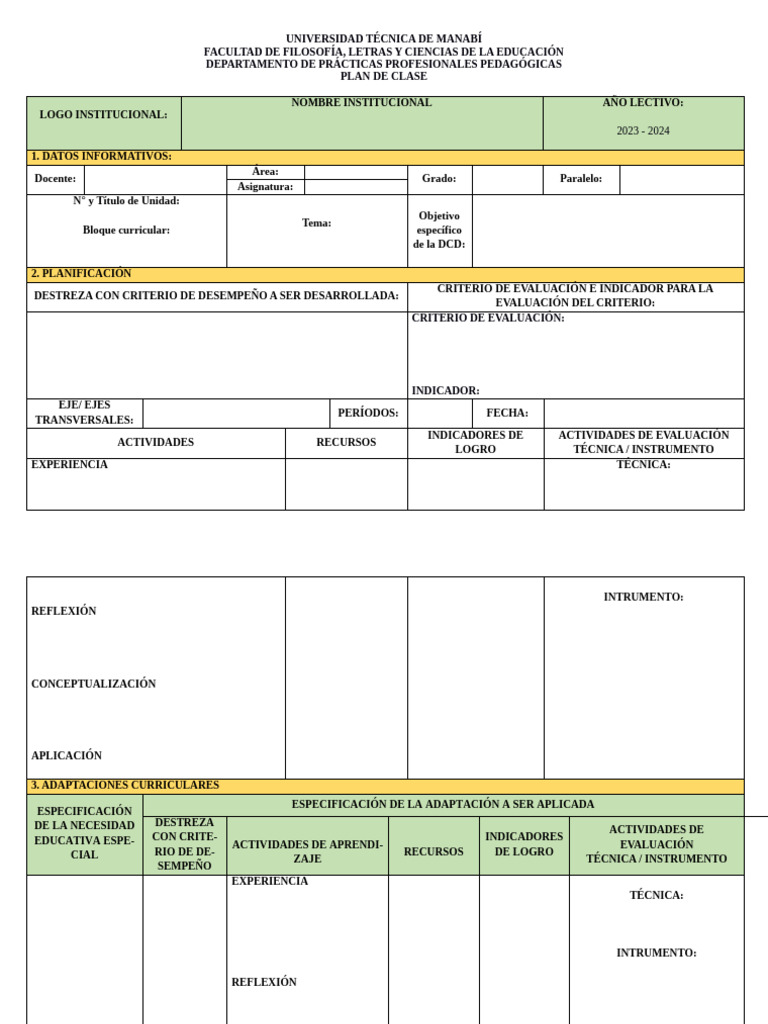 Formato de Plan de Clase Con Adaptaciones Curriculares | PDF | Maestros ...