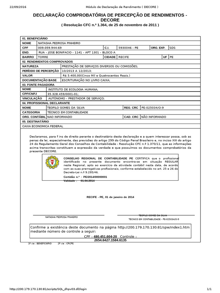 Modulo de Declaracao de Rendimento DECORE PDF 2 | PDF | Contabilidade