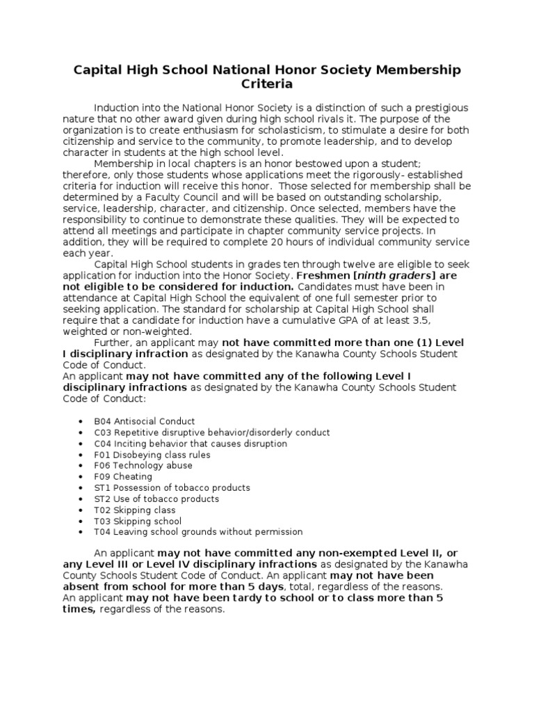 NHS Membership Criteria 2012 | PDF | Schools | Students