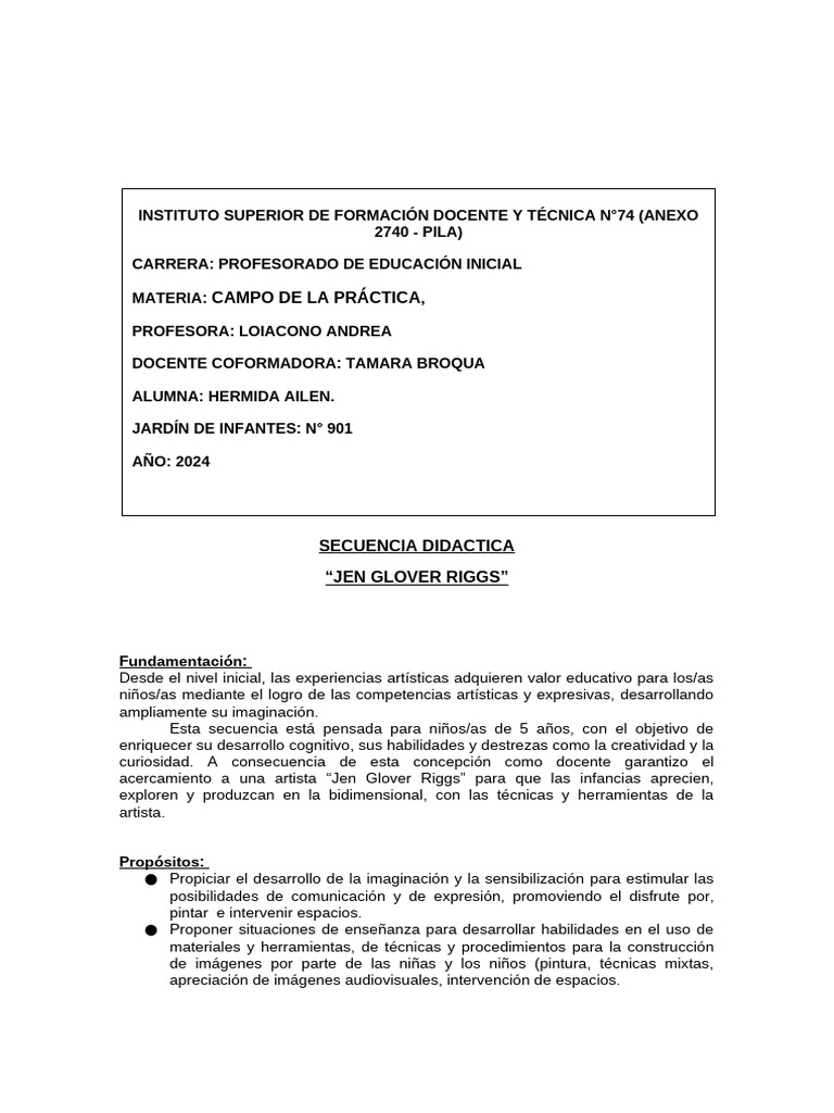 Secuencia Didáctica: Jen Glover Riggs | PDF | Educación de la primera ...