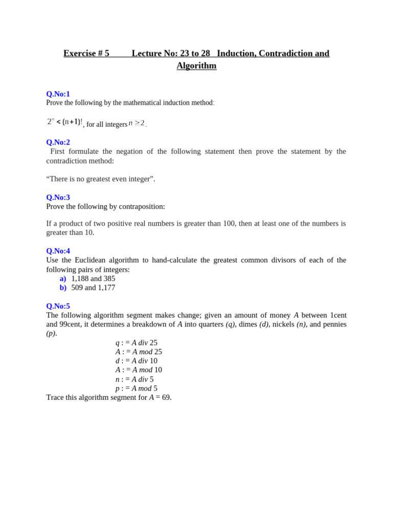 Exercise-5 Lect 23 To 28 Induction Contradiction and Algorithm | PDF