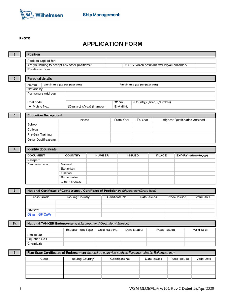 WSM Global Ma 101 Application Form | PDF | Oil Tanker