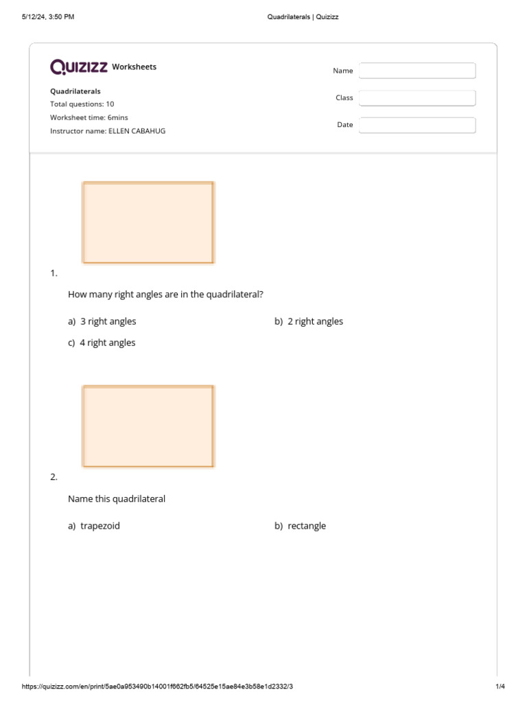 Quadrilaterals Quiz Worksheet | PDF | Rectangle | Geometric Shapes