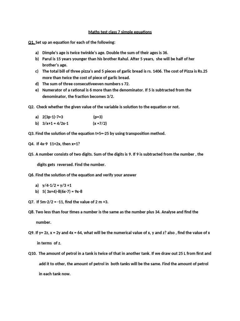 Maths Test Class 7 Simple Equations | PDF