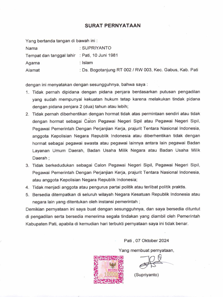 Surat Pernyataan Supri | PDF