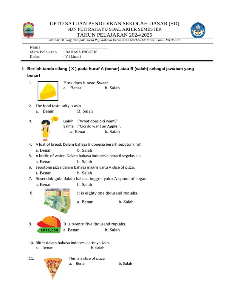 Soal BHS Inggris KLS 5 | PDF | Foods