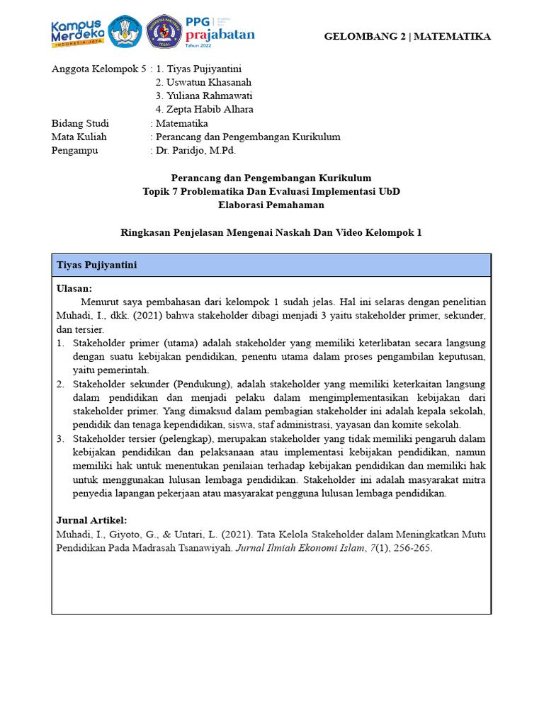 Elaborasi Pemahaman Perancang Dan Pengembangan Kurikulum Topik 7 Problematika Dan Evaluasi ...