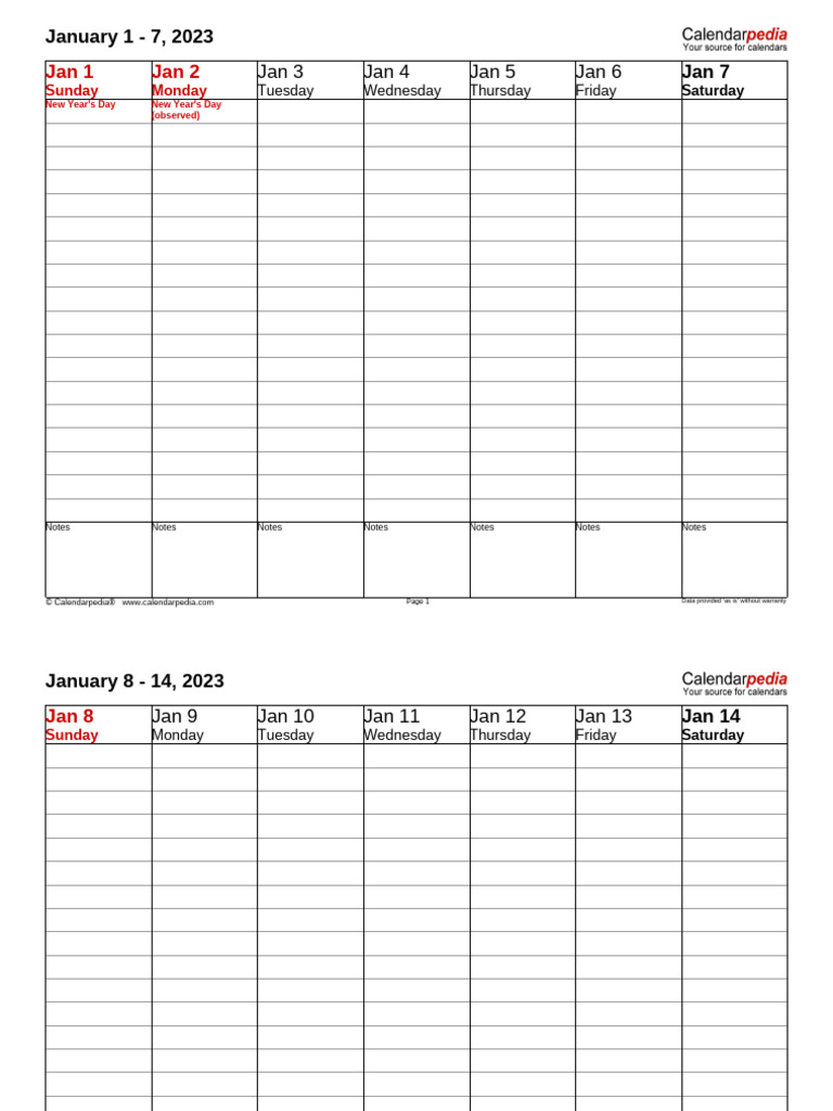 Weekly Calendar 2023 Landscape No Time Markings | PDF | Observances ...