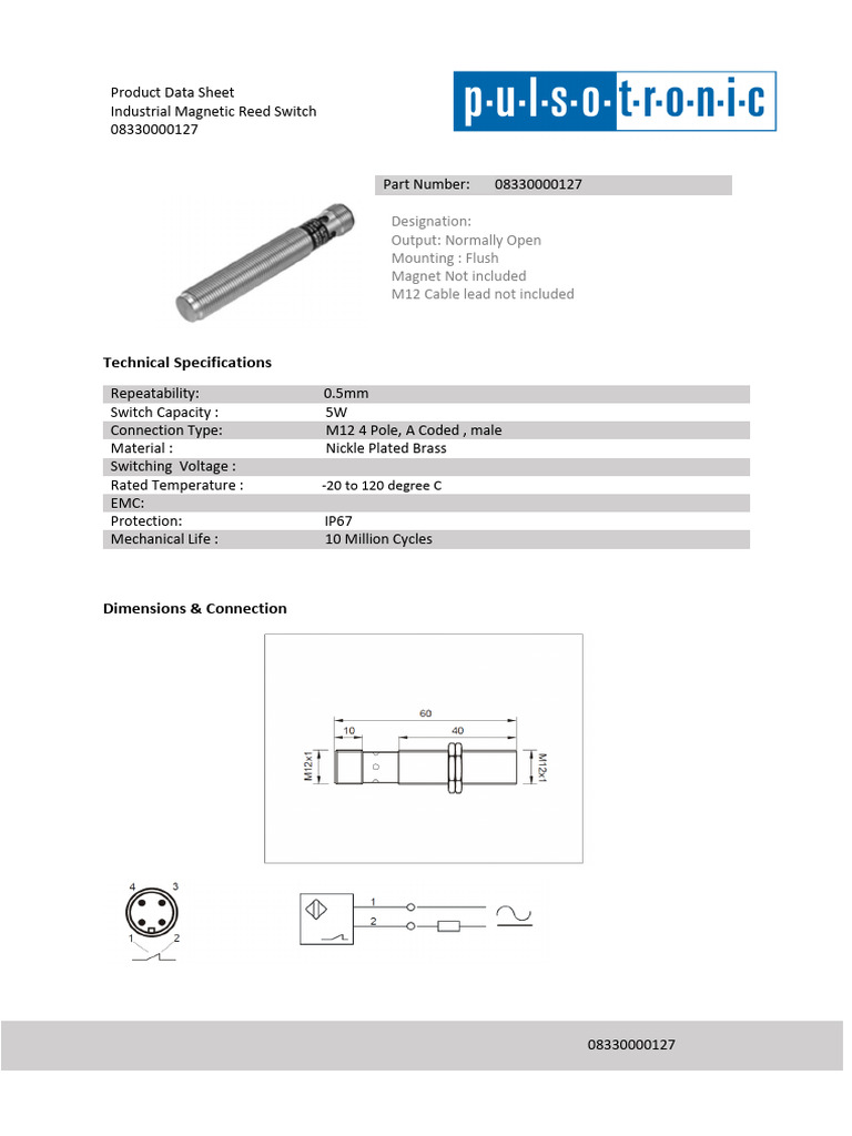 m12 Magnetic Reed Switch Data Sheet | PDF