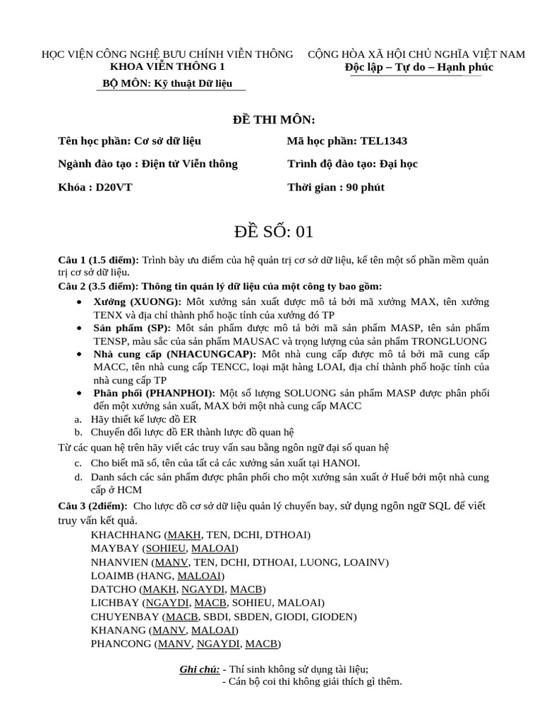 2023-CSDL-Đề Thi Số 1 | PDF