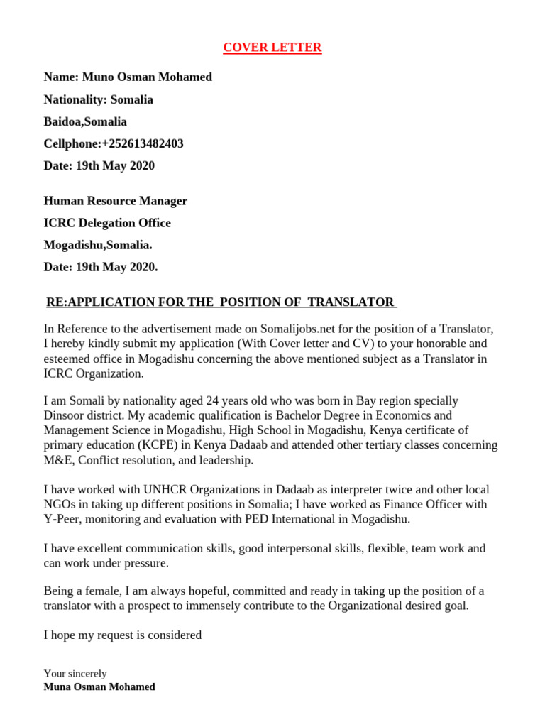 CV+Cover Letter, Muno Osman Translator ICRC | PDF | Somalia | Accounts ...