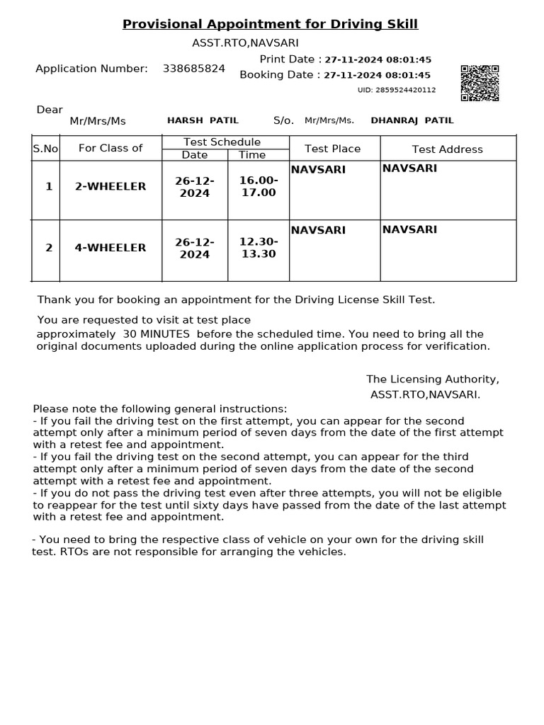 Provisional Appointment For Driving Skill: 1 2-Wheeler 26-12-2024 16.00 ...