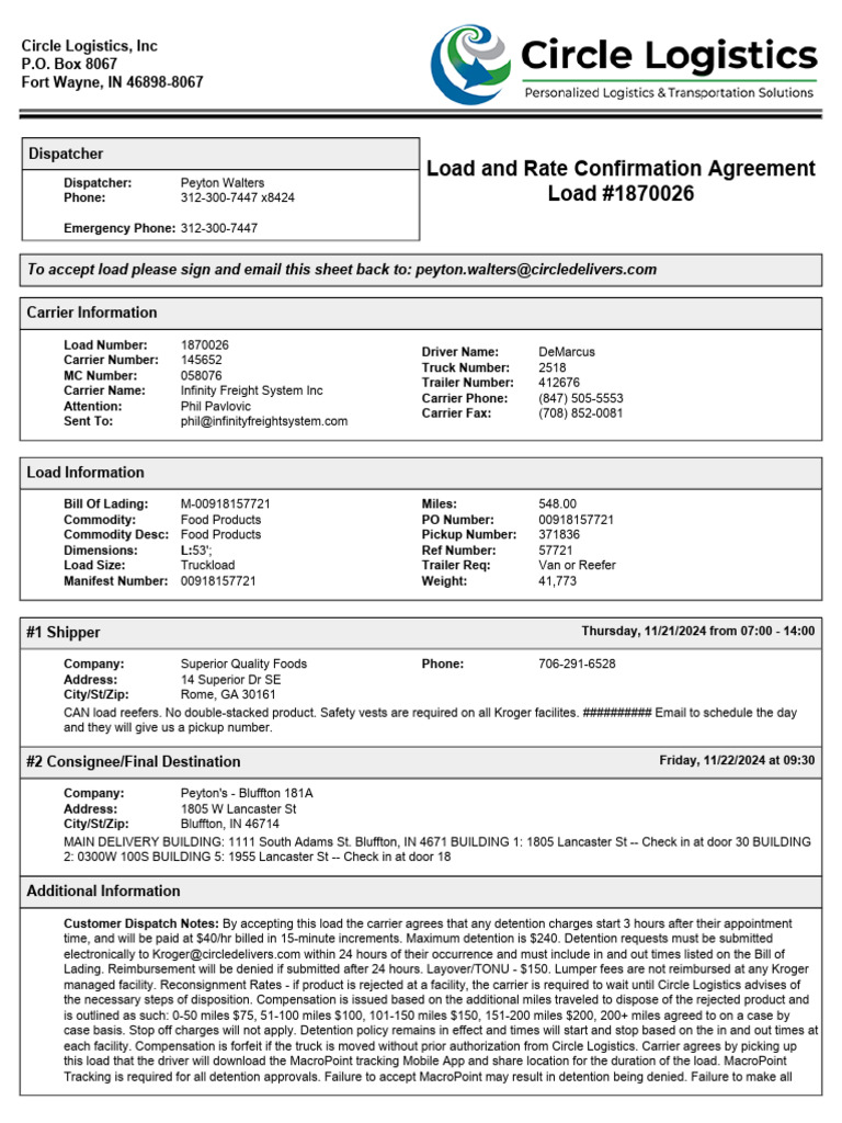 Load and Rate Confirmation Agreement Load #1870026: Circle Logistics ...