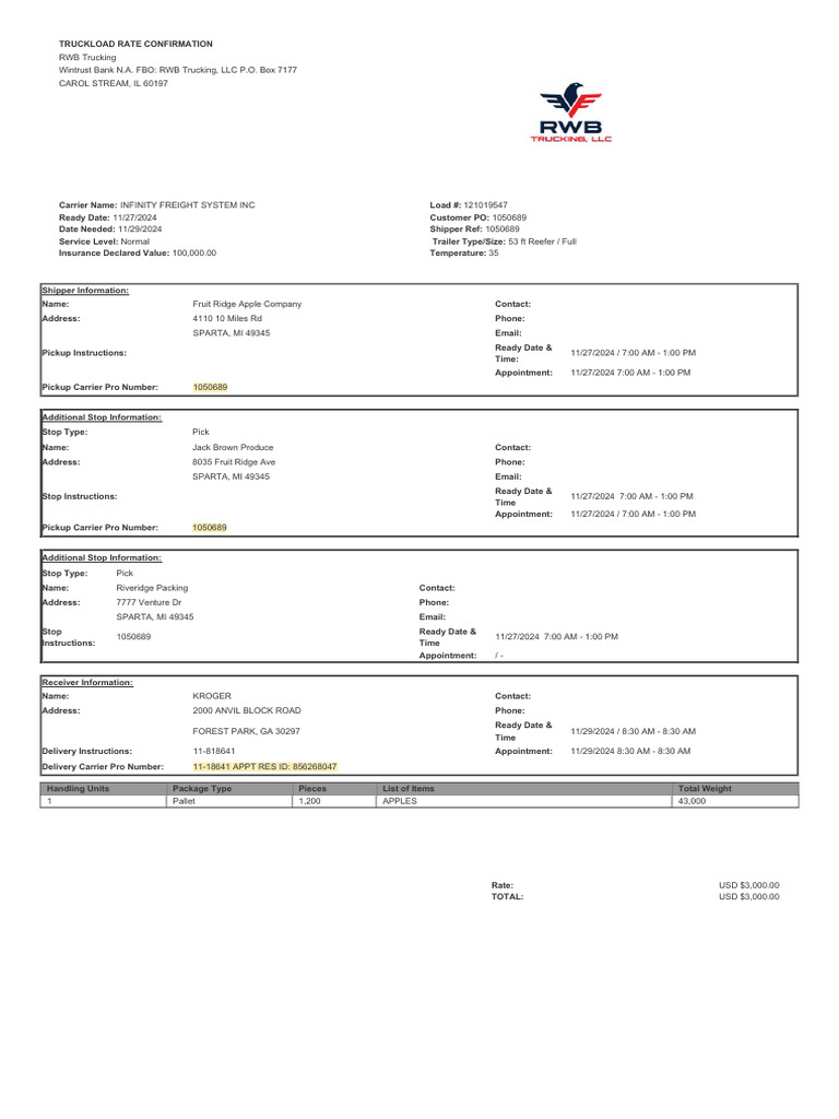 Truckload Rate Confirmation for Apples | PDF | Cargo | Freight Transport