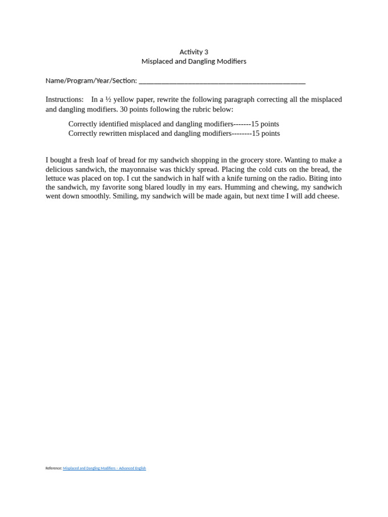 Correcting Misplaced Modifiers Activity | PDF