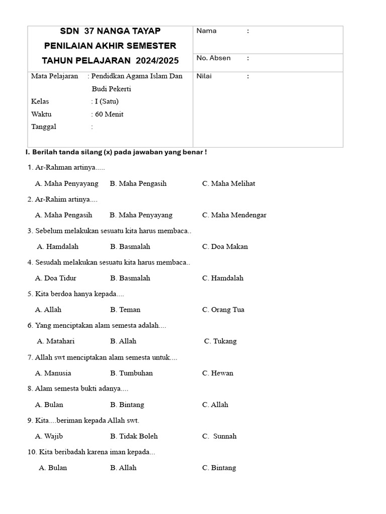 Soal Fifi Kelas 1 | PDF