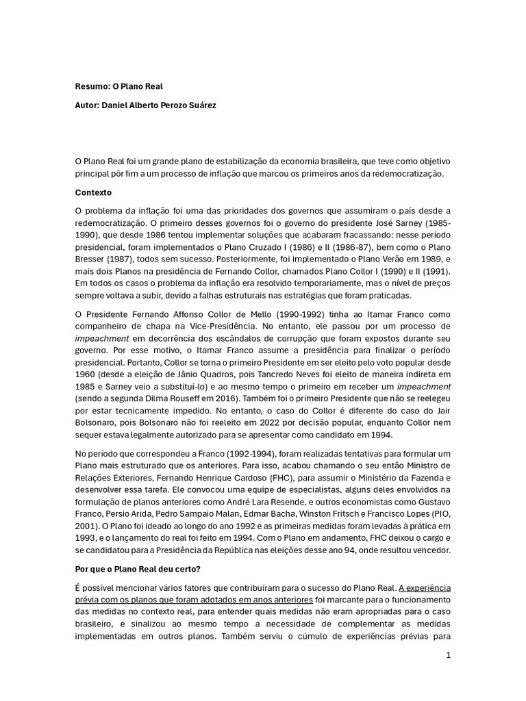 Sucesso do Plano Real no Brasil | PDF | Inflação | Taxa de câmbio