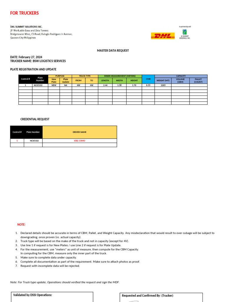 Trucker Master Data Request Form | PDF | Truck Driver | Vehicles
