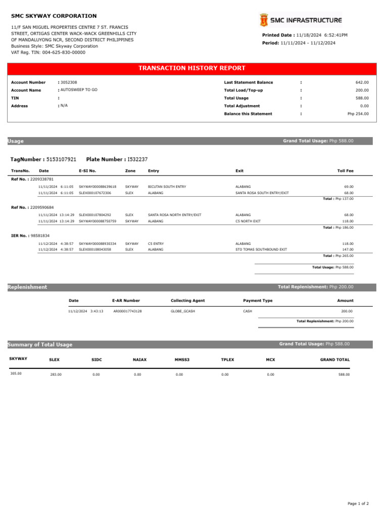 TransactionHistoryReport 3052308 20241118 185241 | PDF | San Miguel Corporation | Philippines